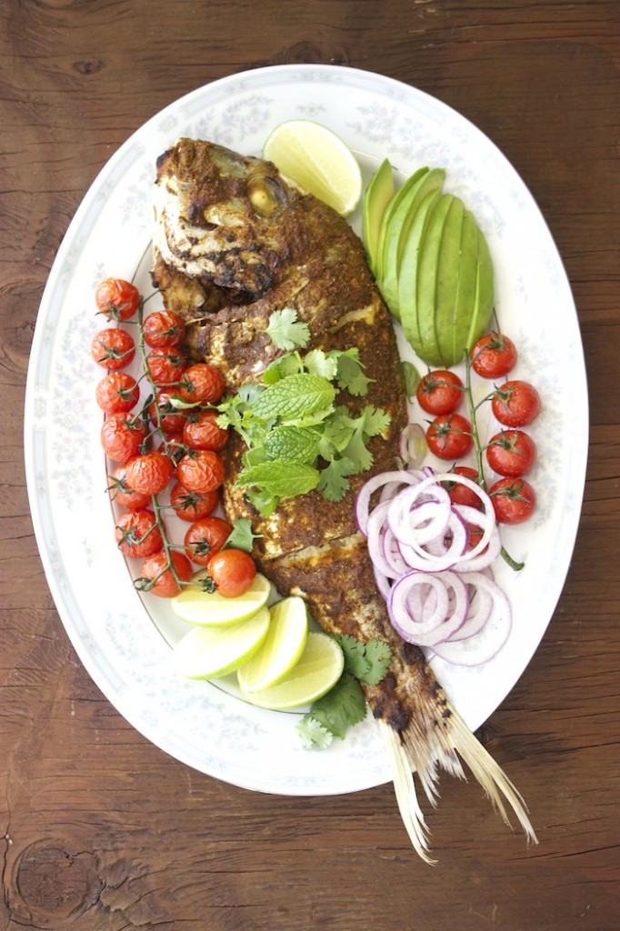 Whole Roasted Snapper with Cherry Tomatoes and Guacamole